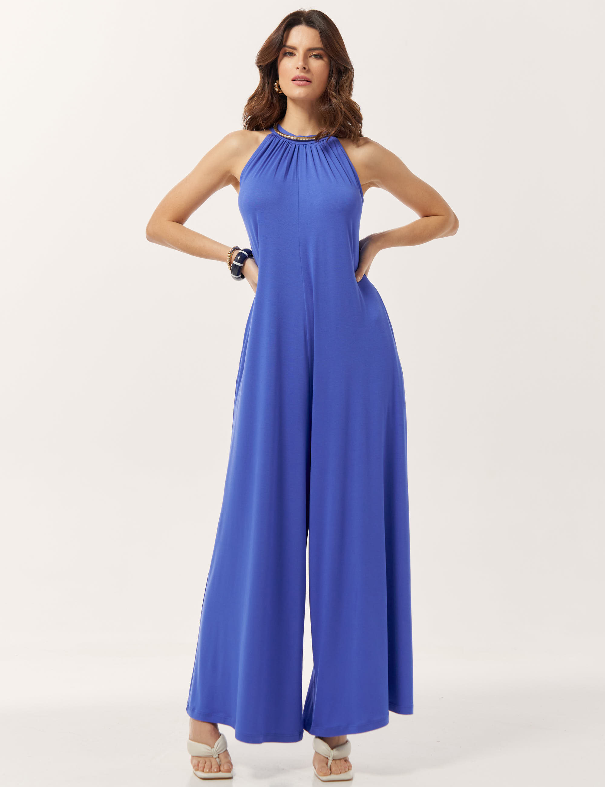 Macacão, feminino, longo, azul claro, sem manga, malha, verão, atemporal, básico, comfy ...